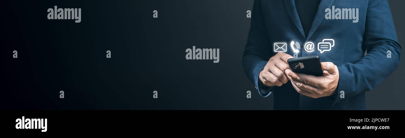 Customer support hotline Contact us people connection. Businessman ...