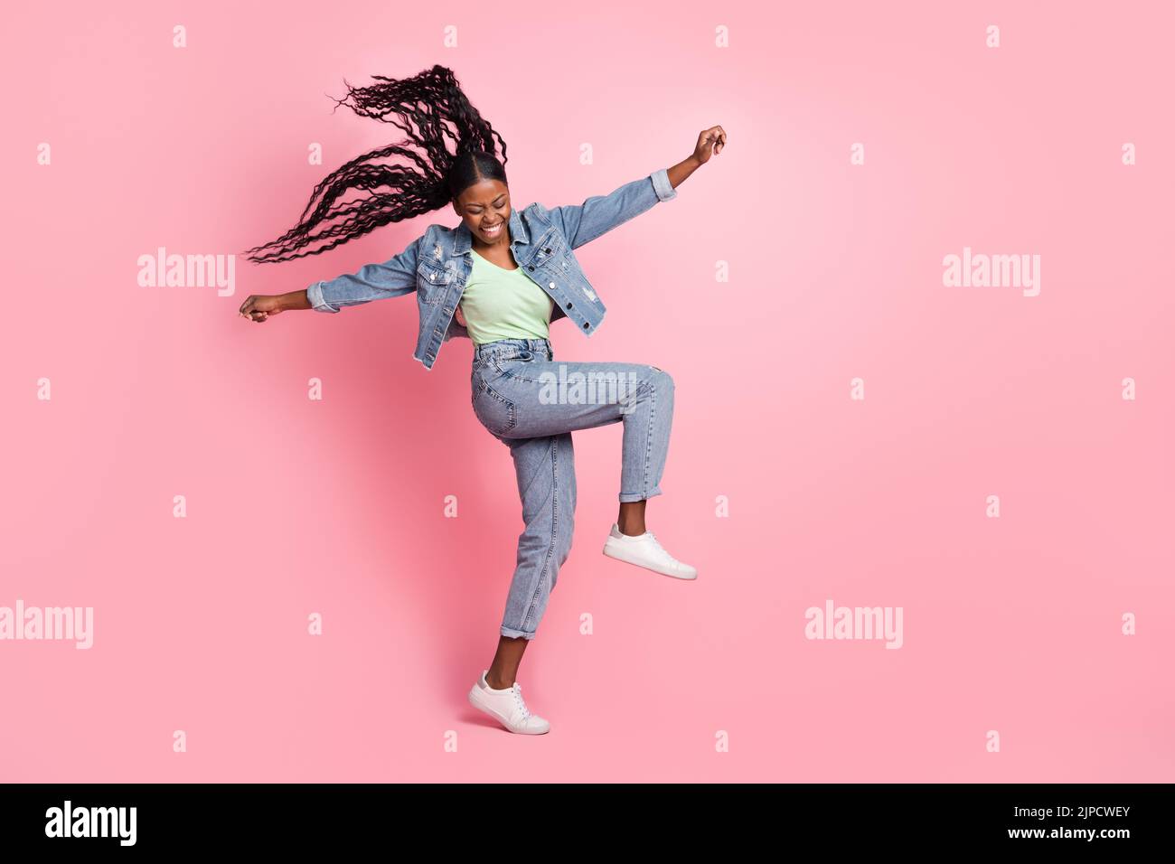 Full size photo of laughing crazy lady dancing fooling around enjoy her ...