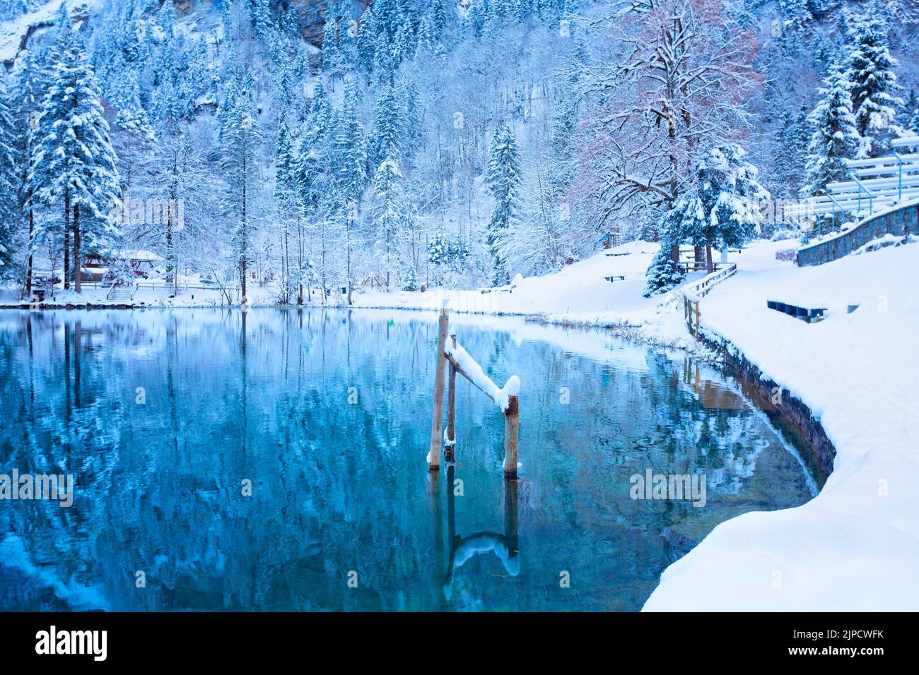 Lake Blausee in Bernese Highlands during winter, Switzerland Stock ...