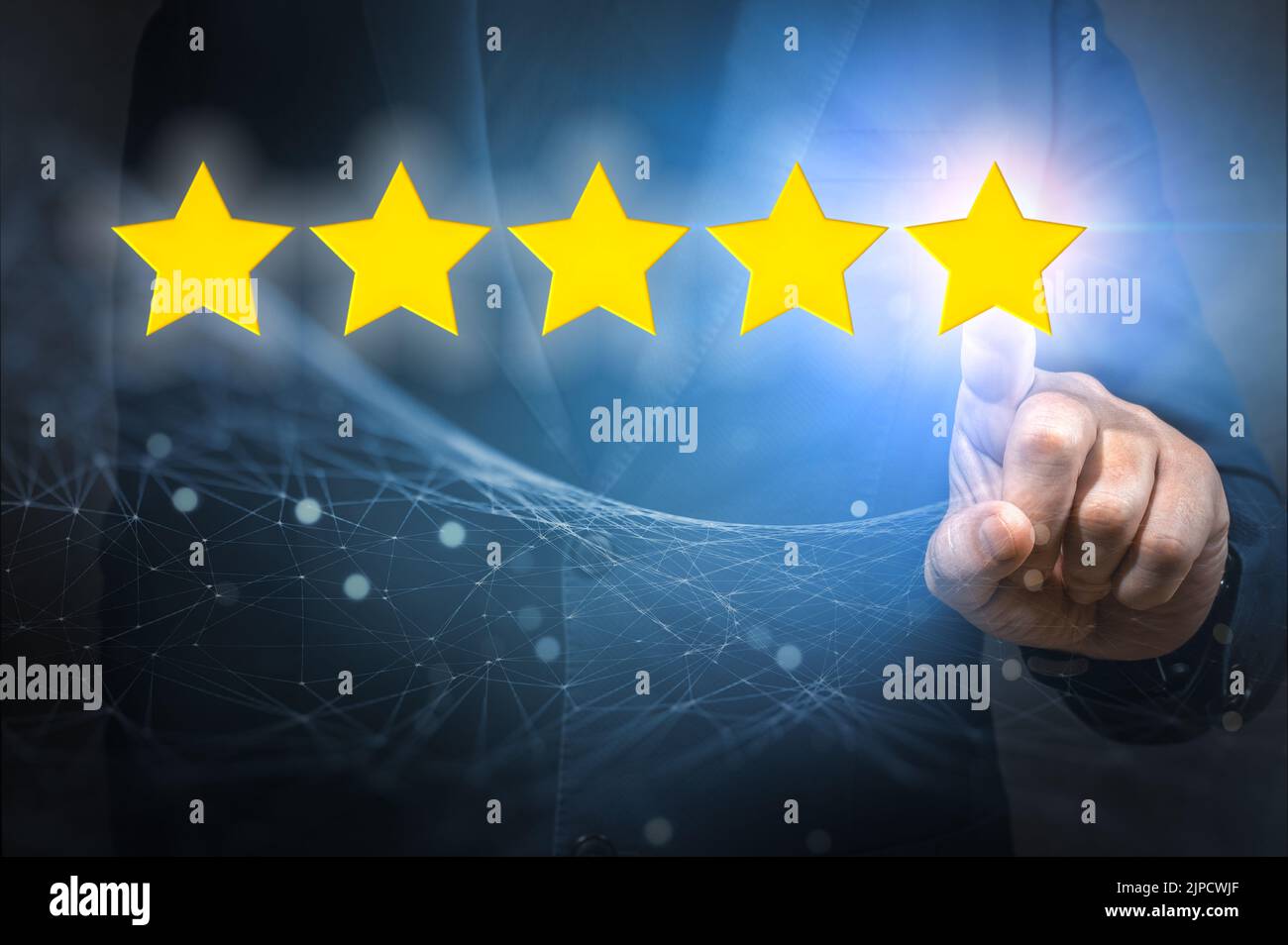 Businessman pointing five star symbol to increase rating of company ...