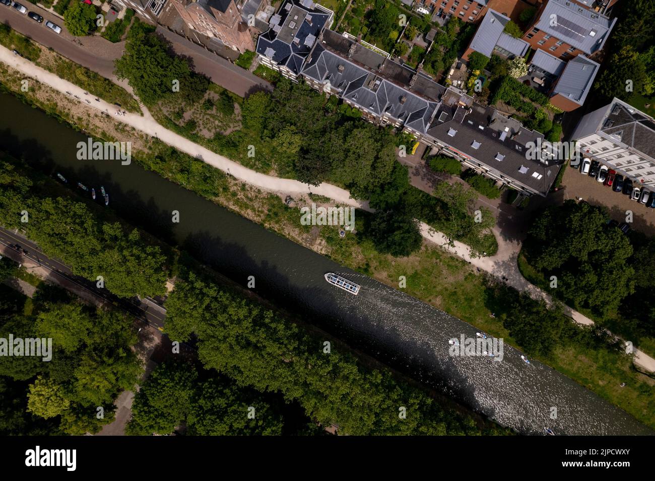 Top down aerial canal view in the medieval Dutch city of Utrecht with ...