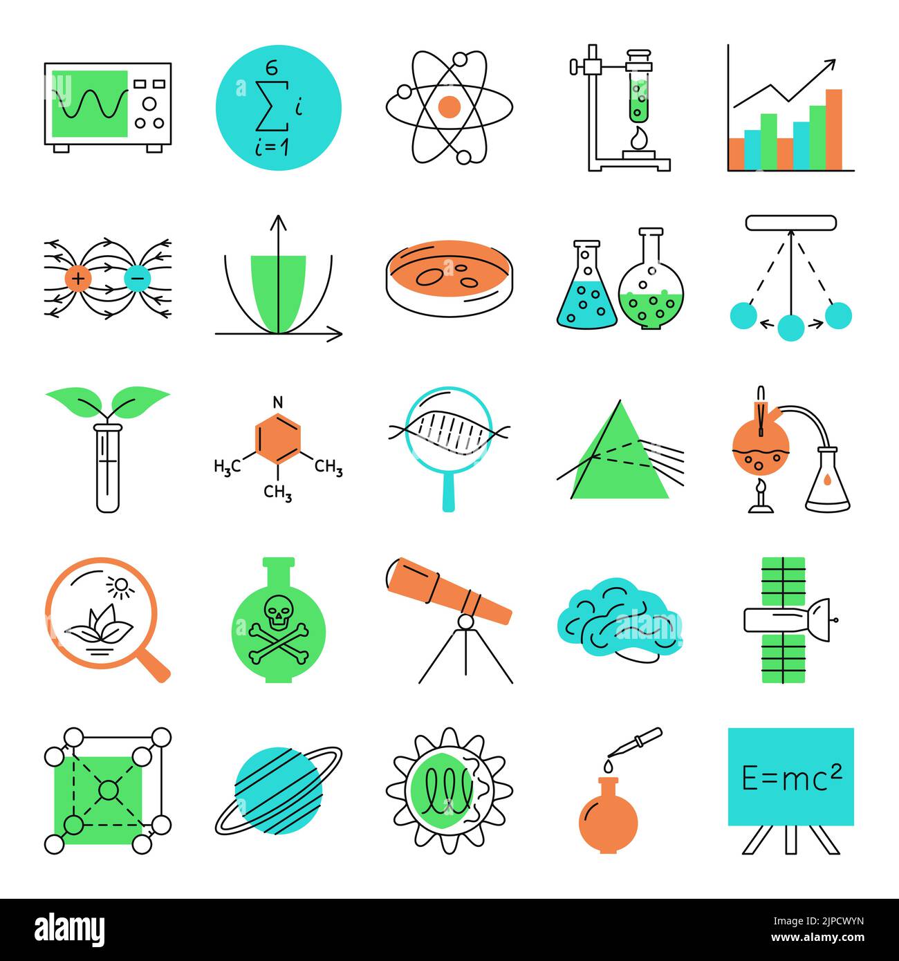 Science icon set in line style. Scientific elements collection. Vector ...