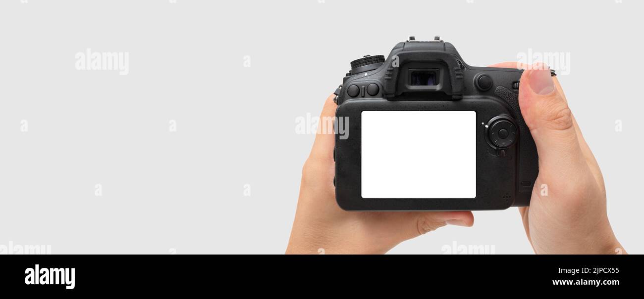 Back of DSLR digital camera. Camera with blank screen isolated on white ...
