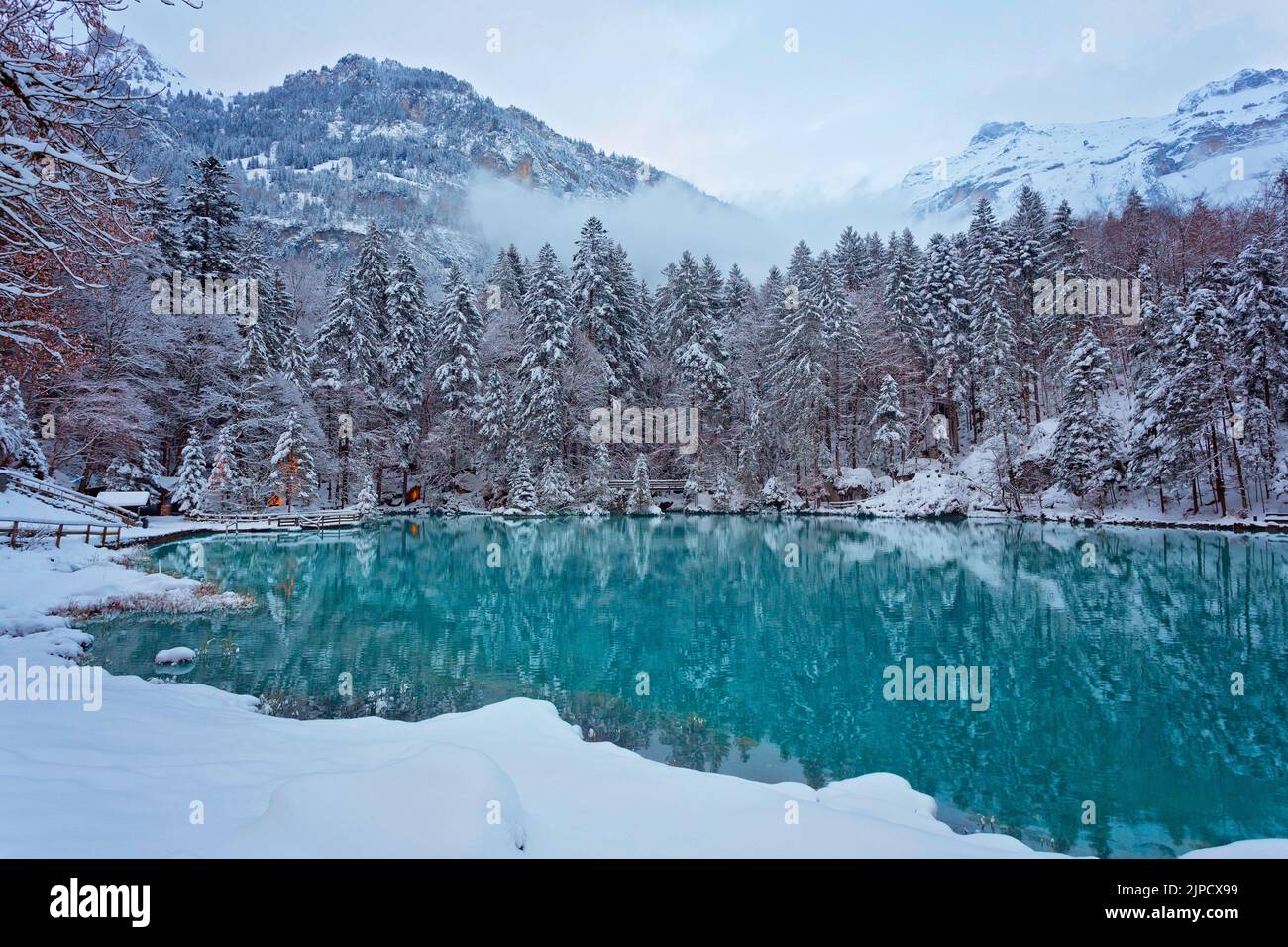 Lake Blausee in Bernese Highlands during winter, Switzerland Stock ...