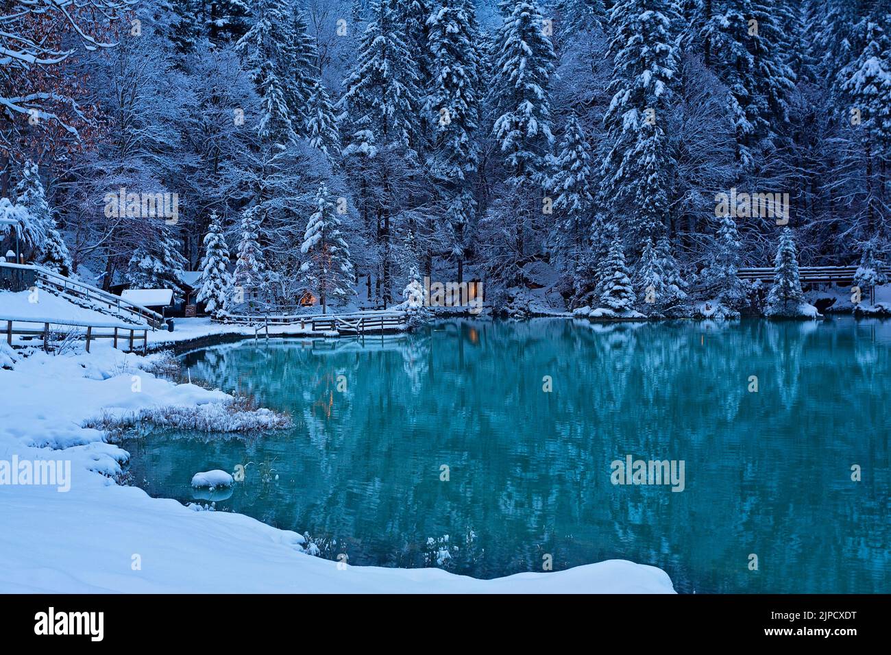 Lake Blausee in Bernese Highlands during winter, Switzerland Stock ...