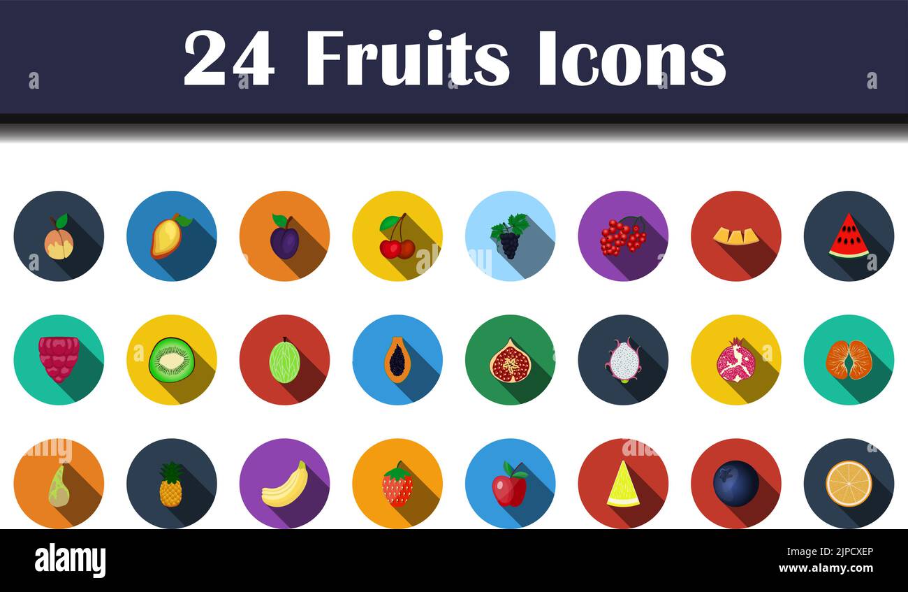Fruits Icon Set. Flat Design With Long Shadow. Vector illustration ...