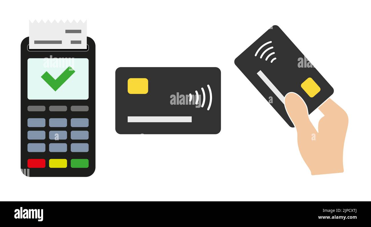 Contactless payment, hand holding bank card close to the point of sale ...