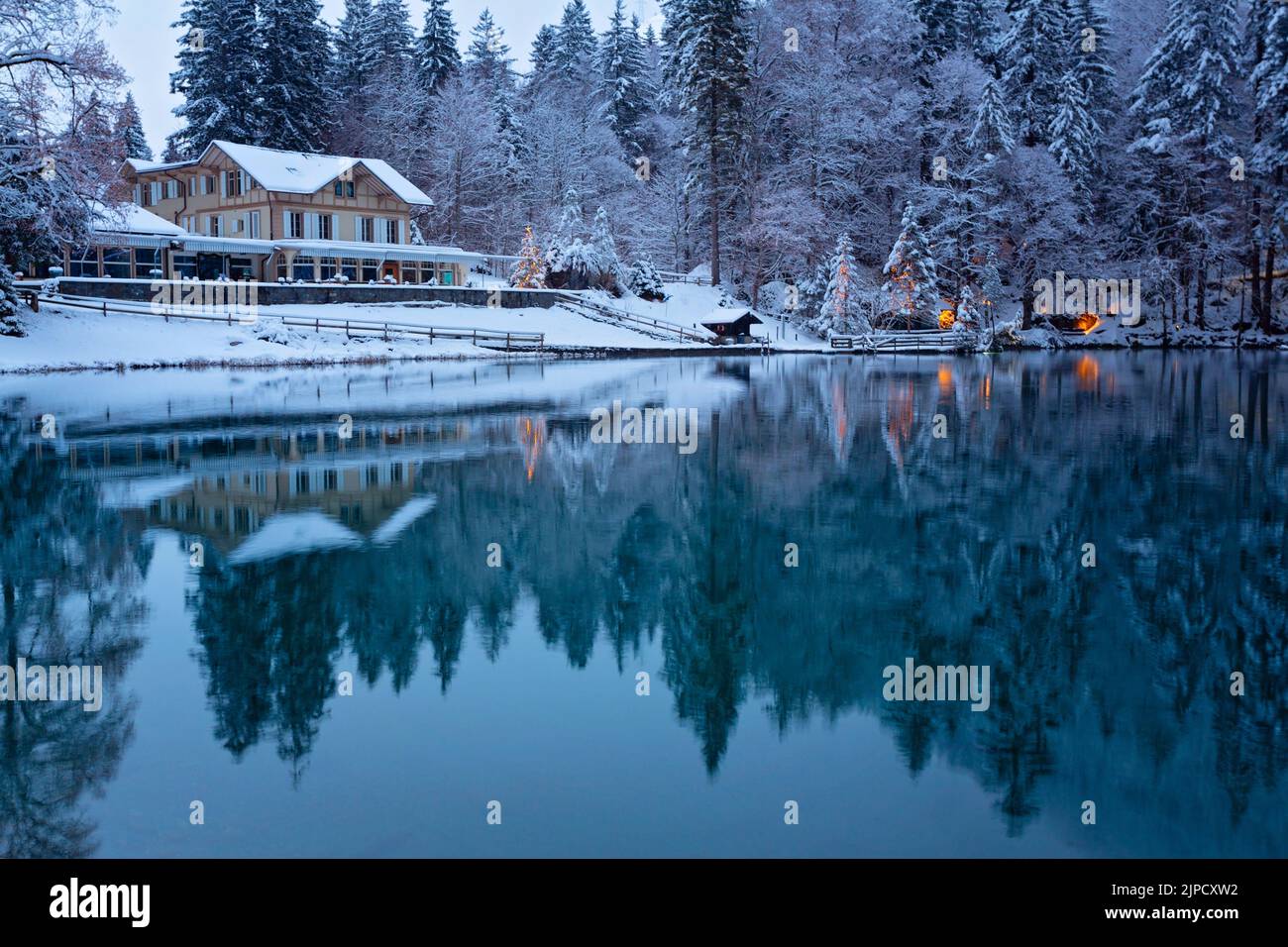 Lake Blausee in Bernese Highlands during winter, Switzerland Stock ...