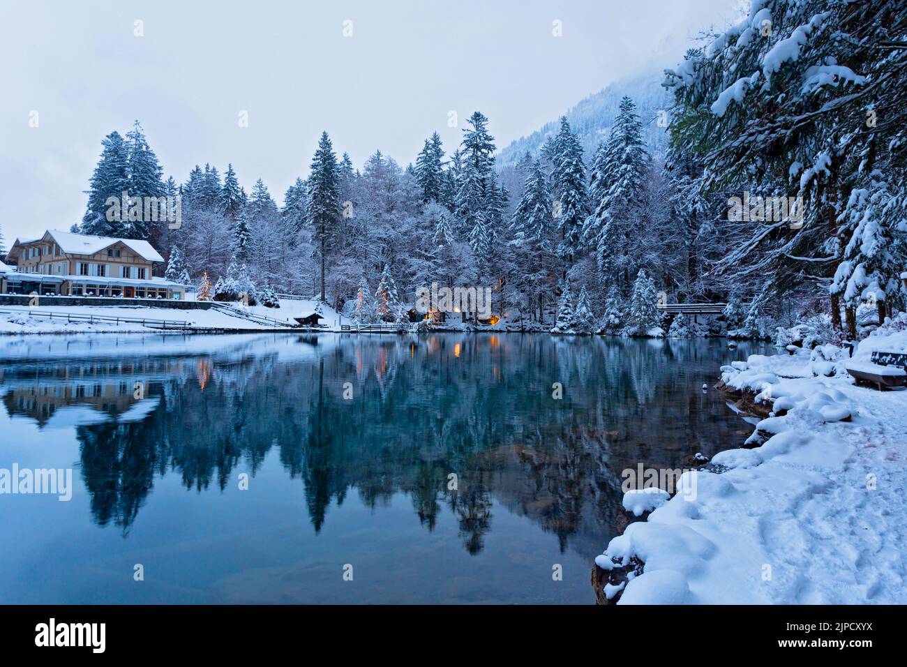 Lake Blausee in Bernese Highlands during winter, Switzerland Stock ...