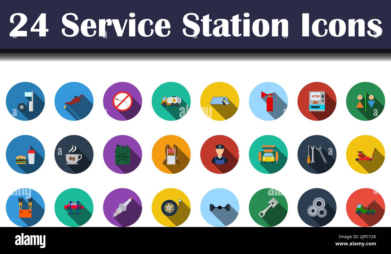 Service Station Icon Set. Flat Design With Long Shadow. Vector ...