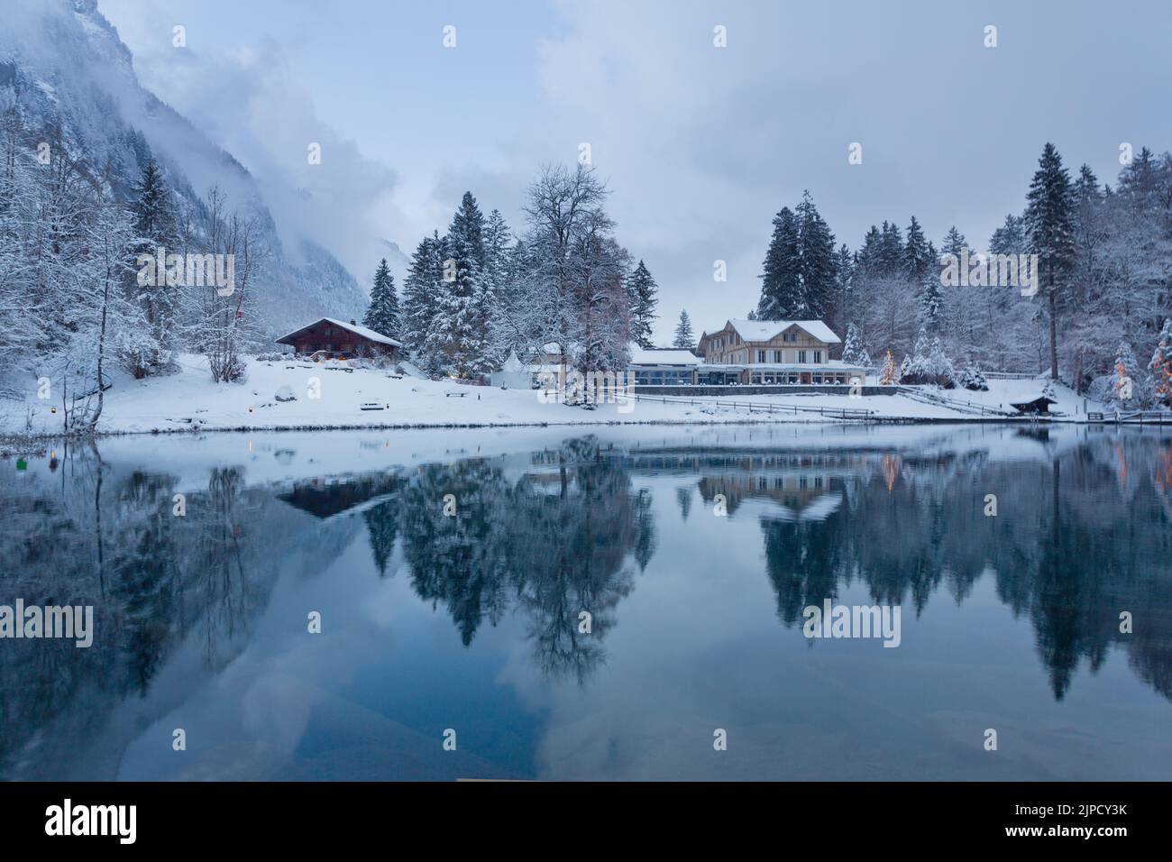 Lake Blausee in Bernese Highlands during winter, Switzerland Stock ...