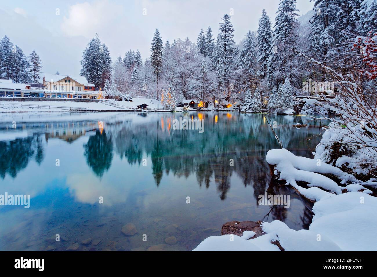 Lake Blausee in Bernese Highlands during winter, Switzerland Stock ...