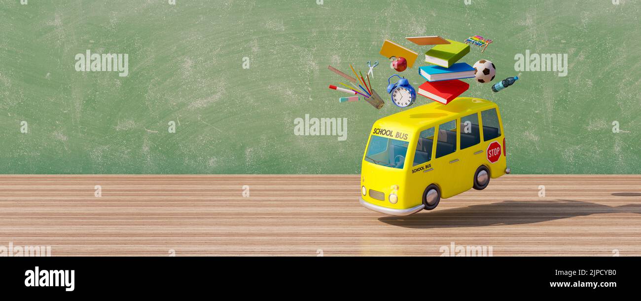 Jumping School bus with school supplies in classroom. Back to school ...