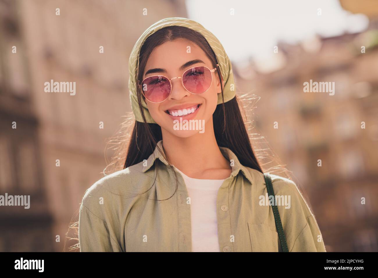Portrait of charming adorable young lady toothy smile spend free time ...