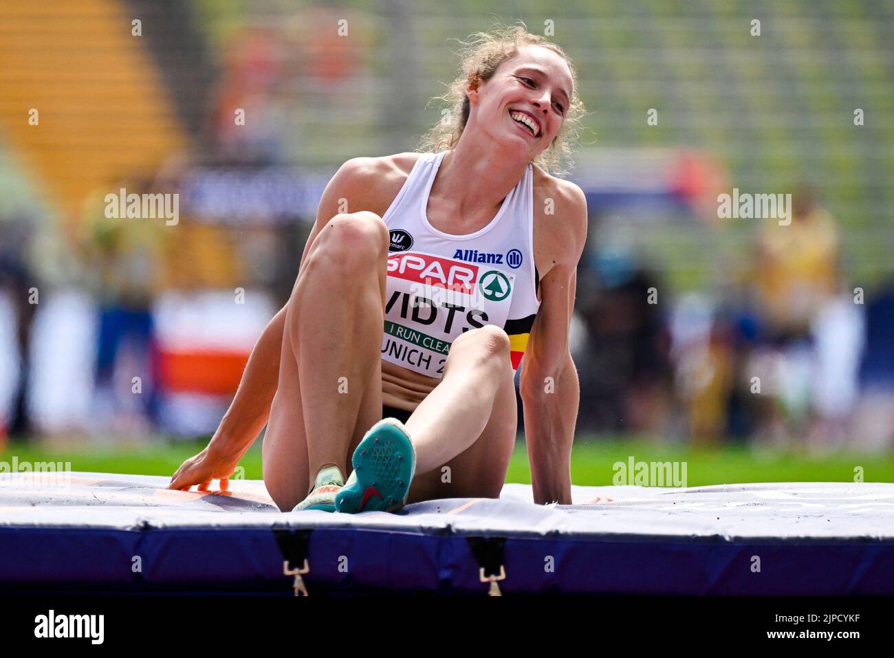 Belgian Noor Vidts reacts during the high jump event of the women's ...