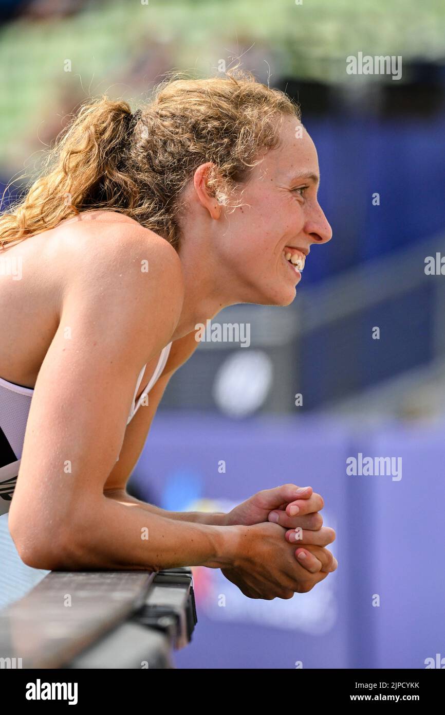 Belgian Noor Vidts reacts during the high jump event of the women's ...