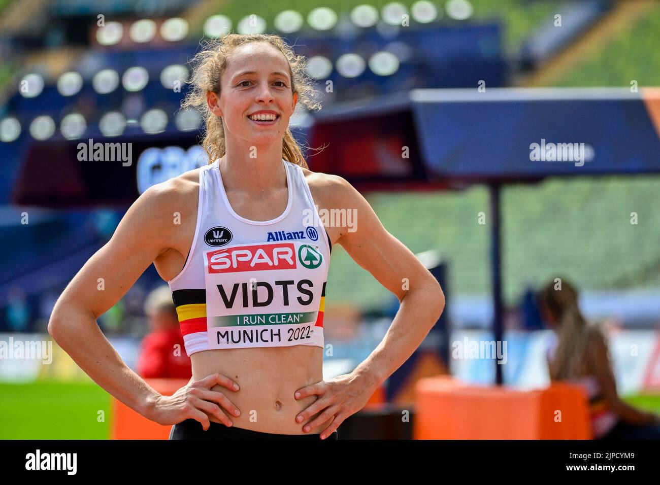 Belgian Noor Vidts reacts during the high jump event of the women's ...