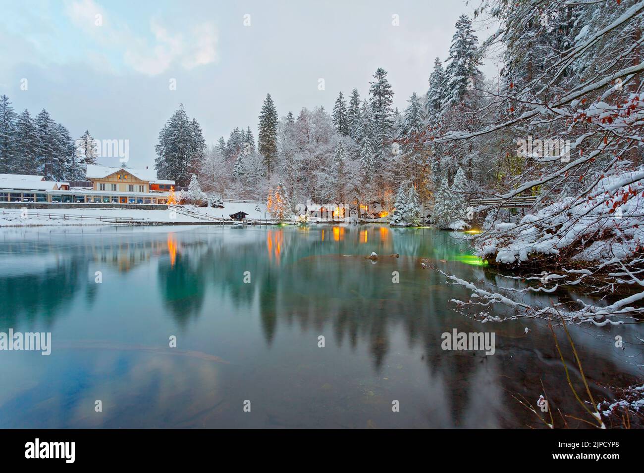Lake Blausee in Bernese Highlands during winter, Switzerland Stock ...