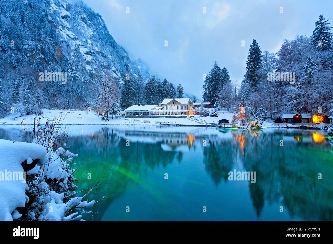 Winter fairytail, alpine lake in swiss Alps, Switzerland Stock Photo ...