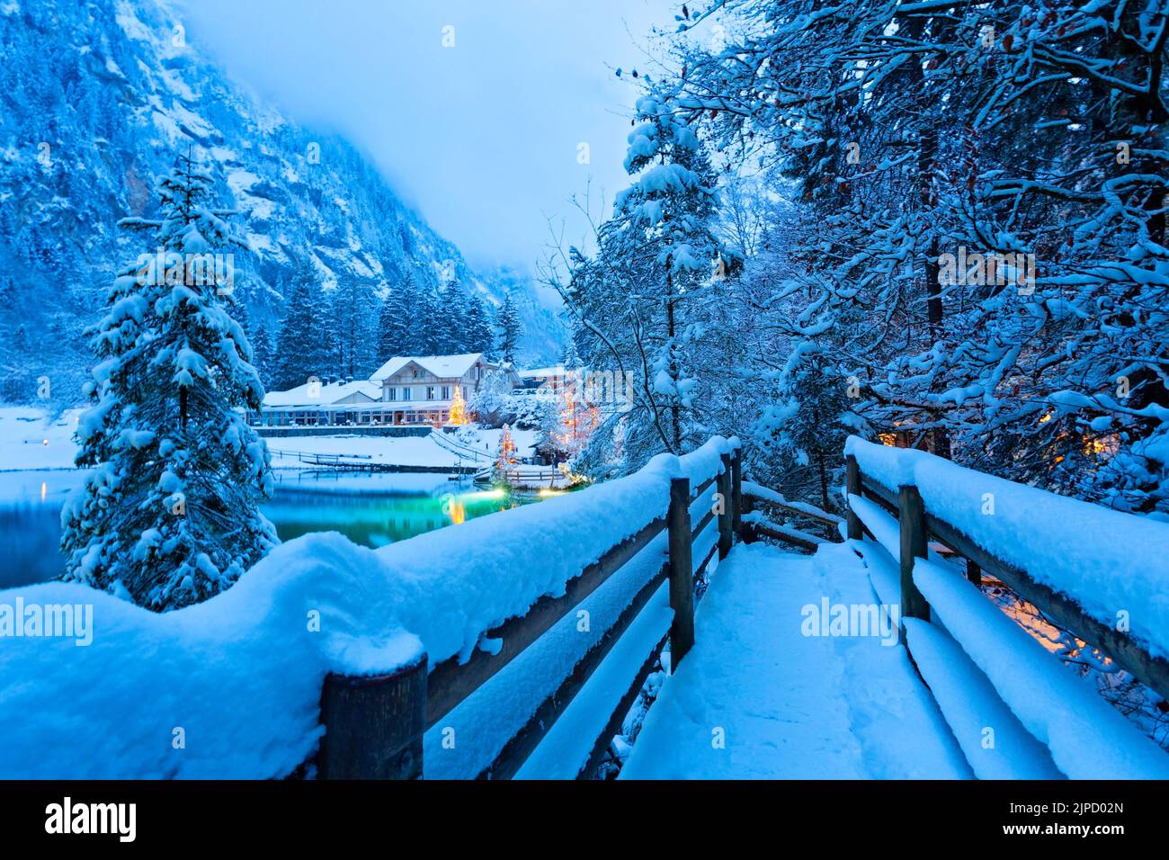 Lake Blausee in Bernese Highlands during winter, Switzerland Stock ...