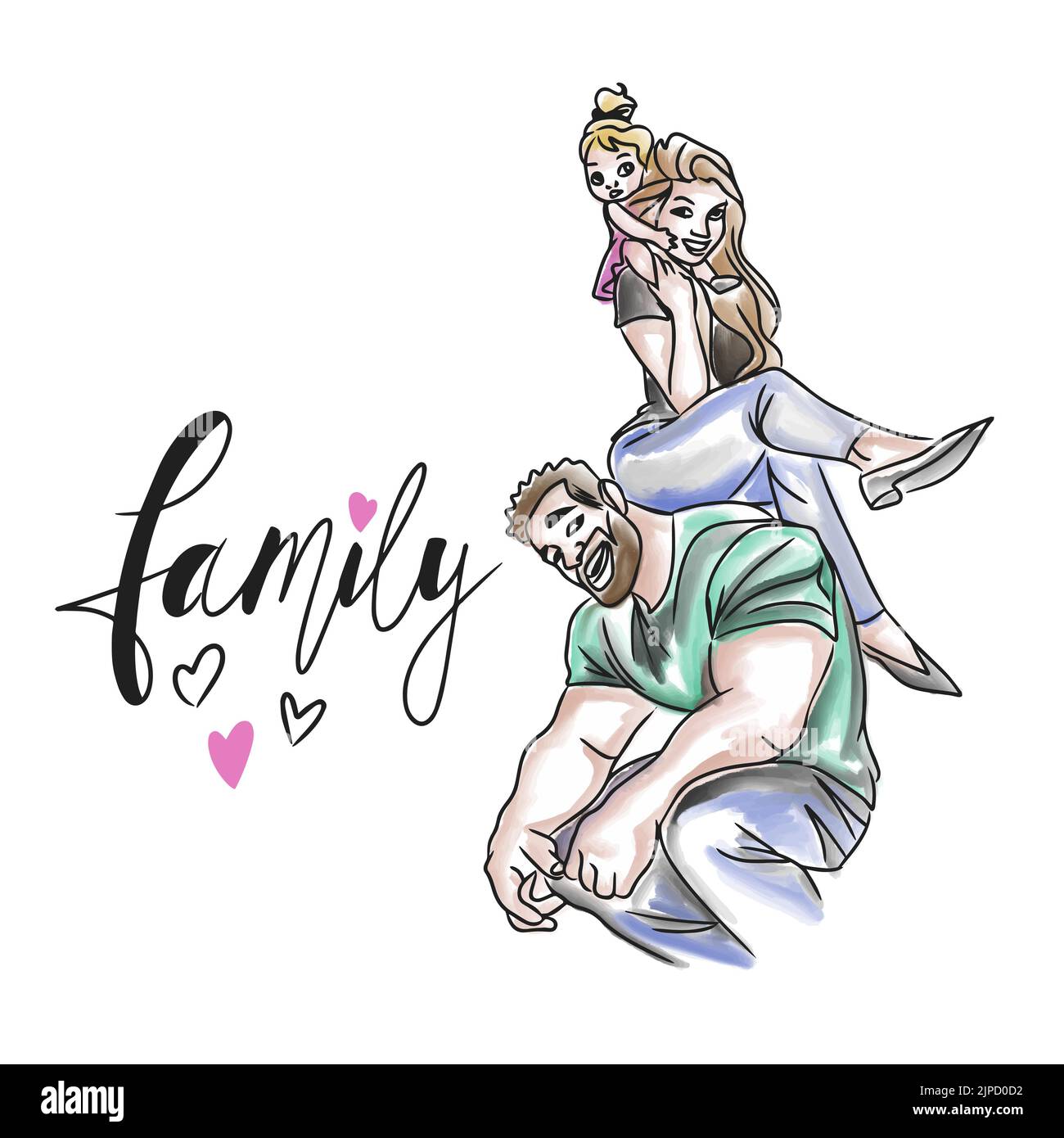 Family, handwritten lettering, dad with mom and daughter, parenthood ...