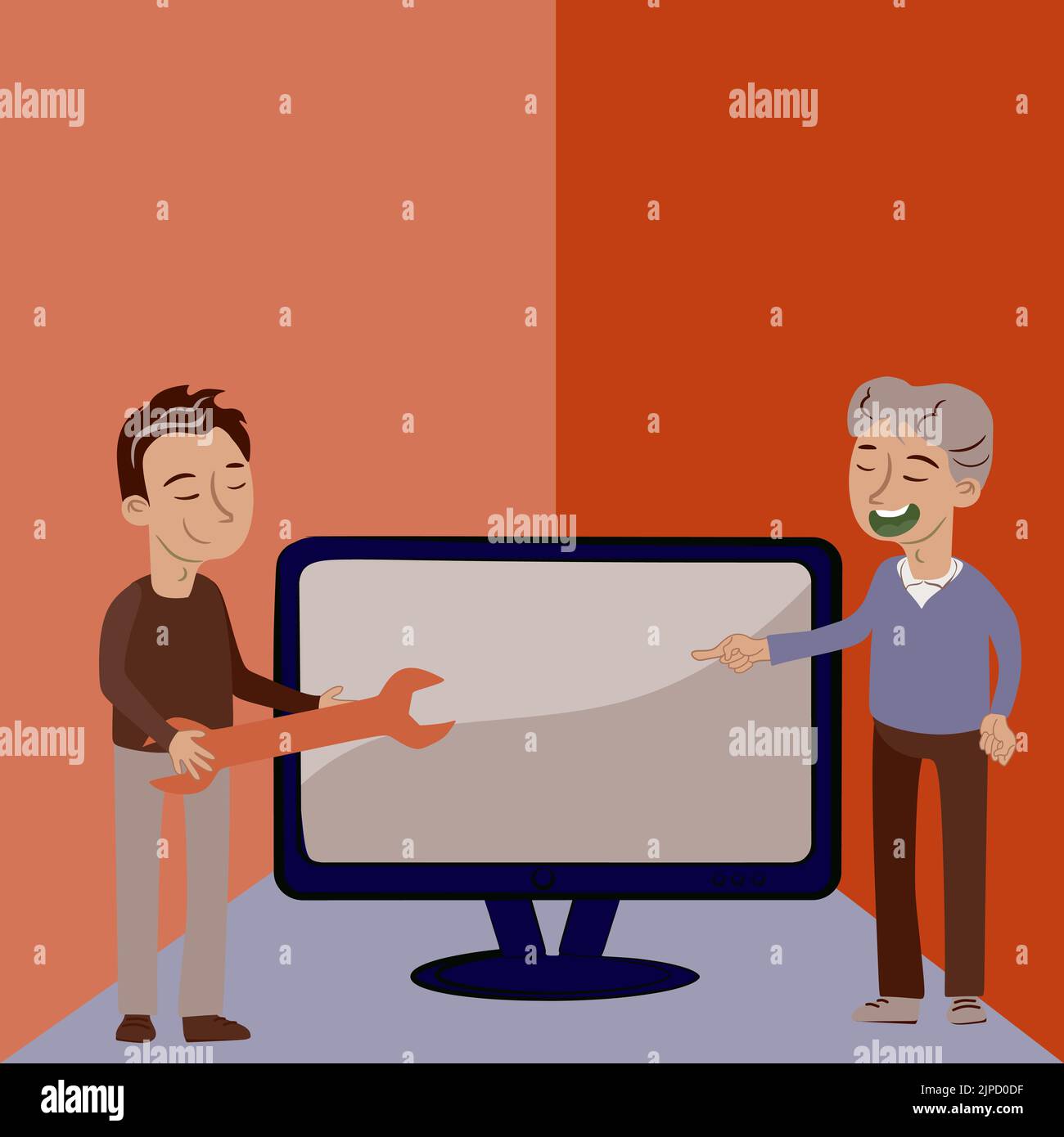 Man With Wrench Finding Issues With Device. Man Pointing On Tv Screen ...