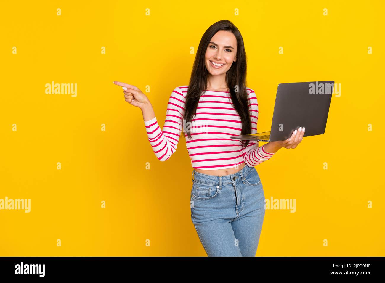 Portrait photo of young attractive perfect lady hold laptop computer ...