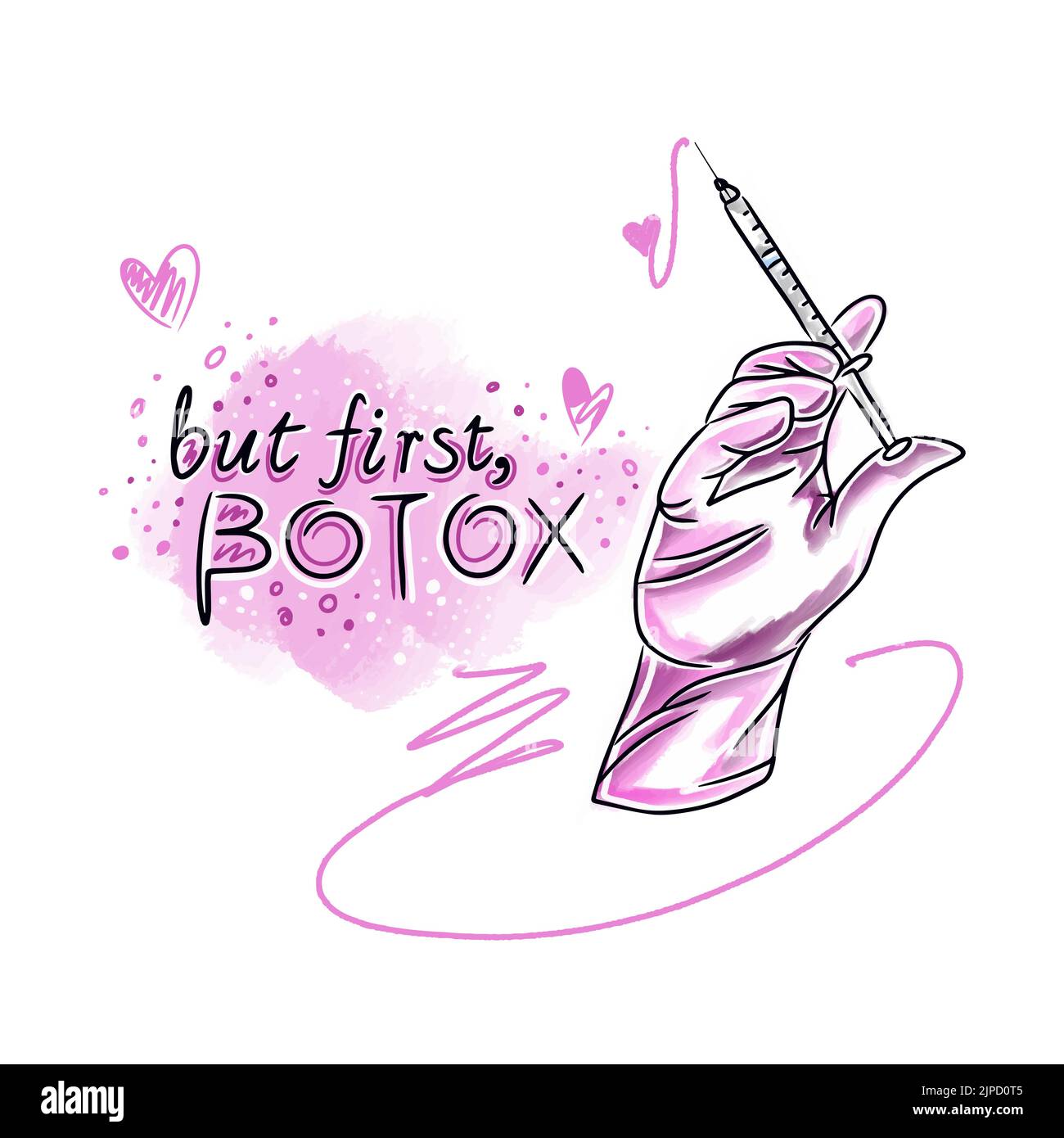 But first, botox, handwritten lettering, a gloved hand holds a syringe ...