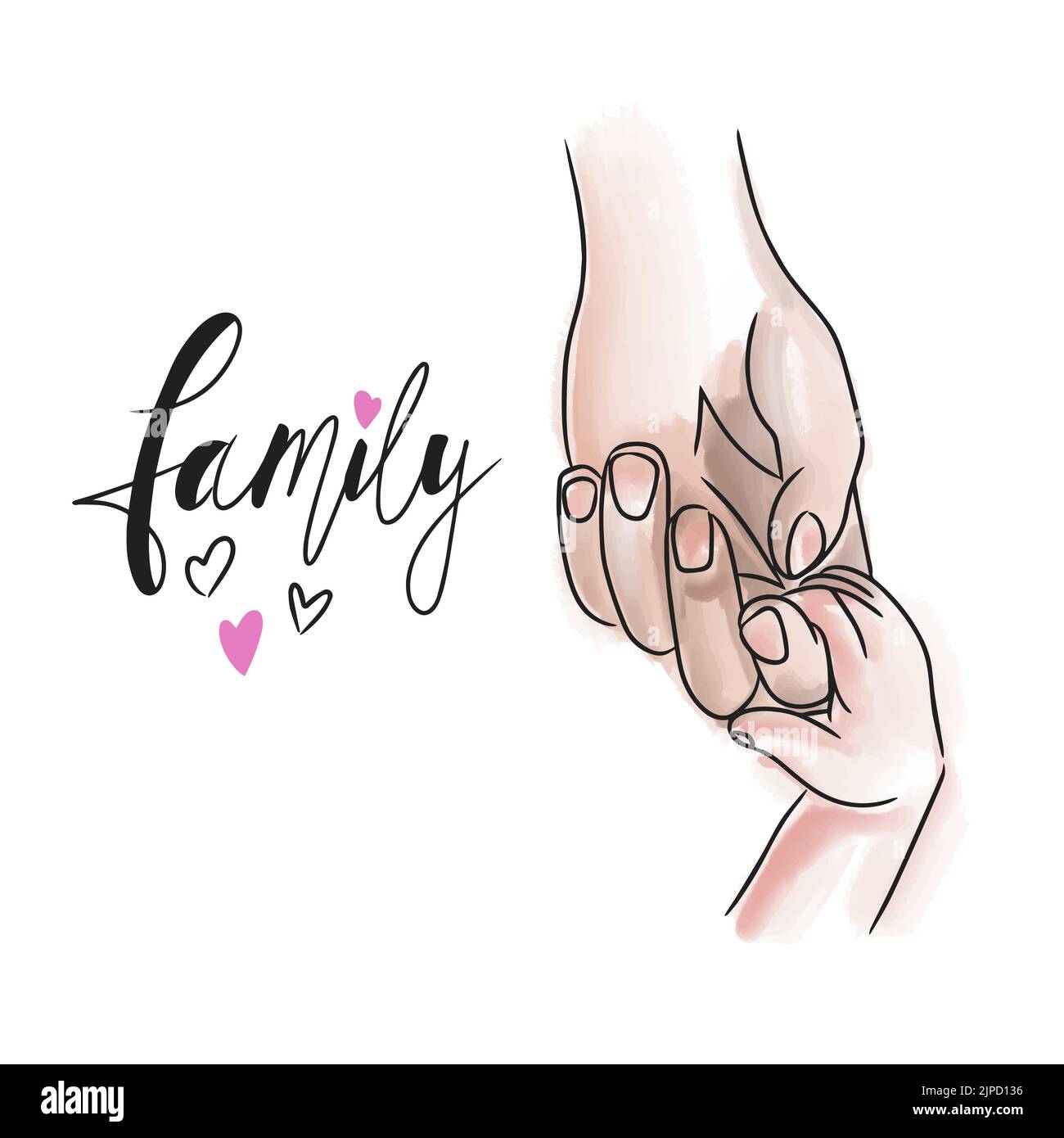 Family, handwritten inscription, cartoon childrens hand holds the hand ...