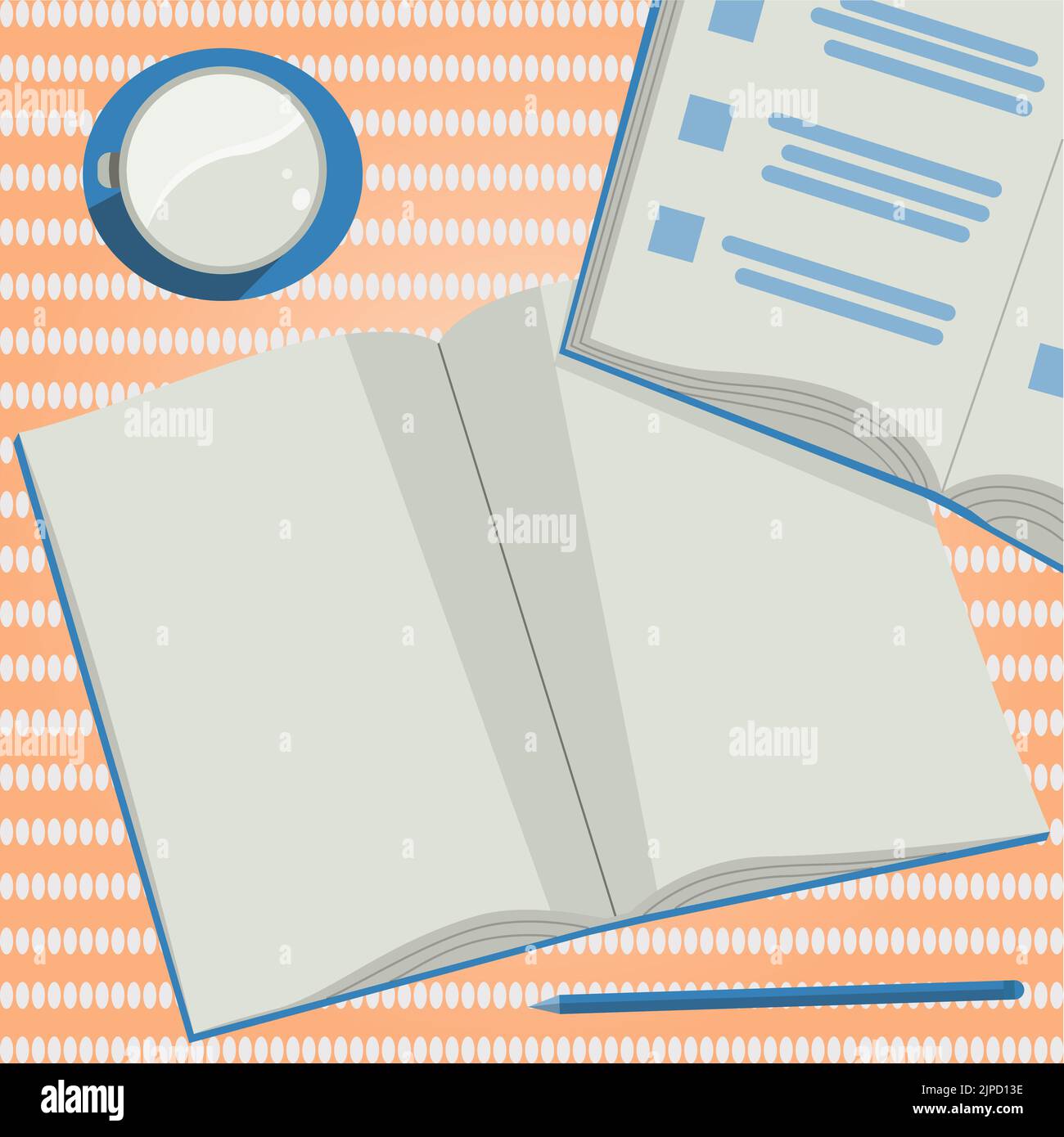 Flat View Of Table With Open Notebooks, Pencil And Cup Of Coffee Stock ...