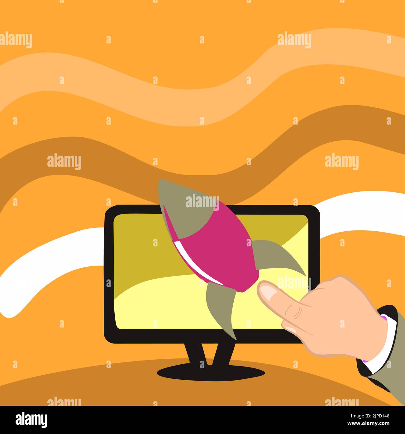 Spaceship Drawing Flying High With Man Pointing Single Finger At ...