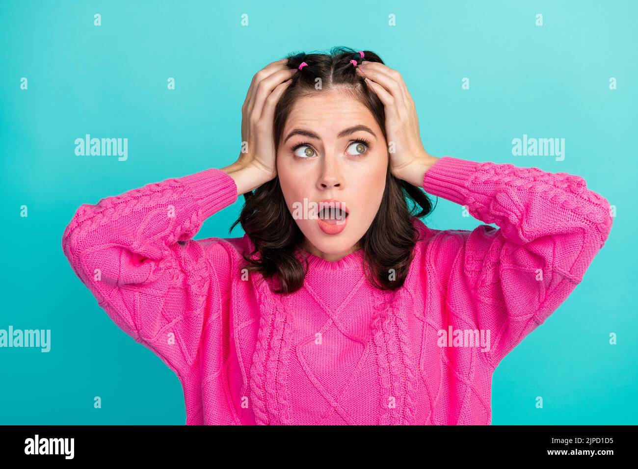 Closeup photo of young attractive funny lady grimace surprised ...