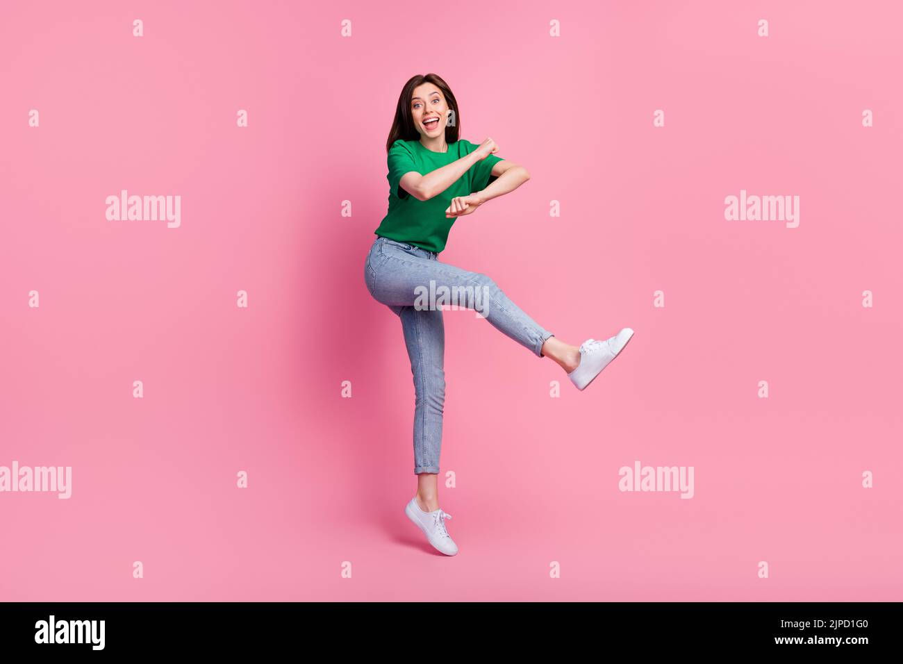 Full length portrait of overjoyed person jump dance rejoice good mood ...