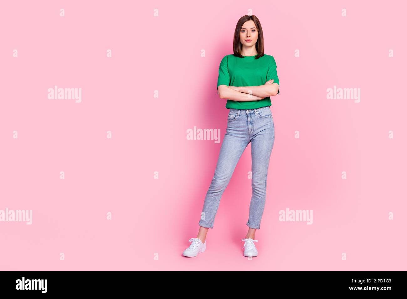 Full size photo of pretty young lady folded arms strict manager ...