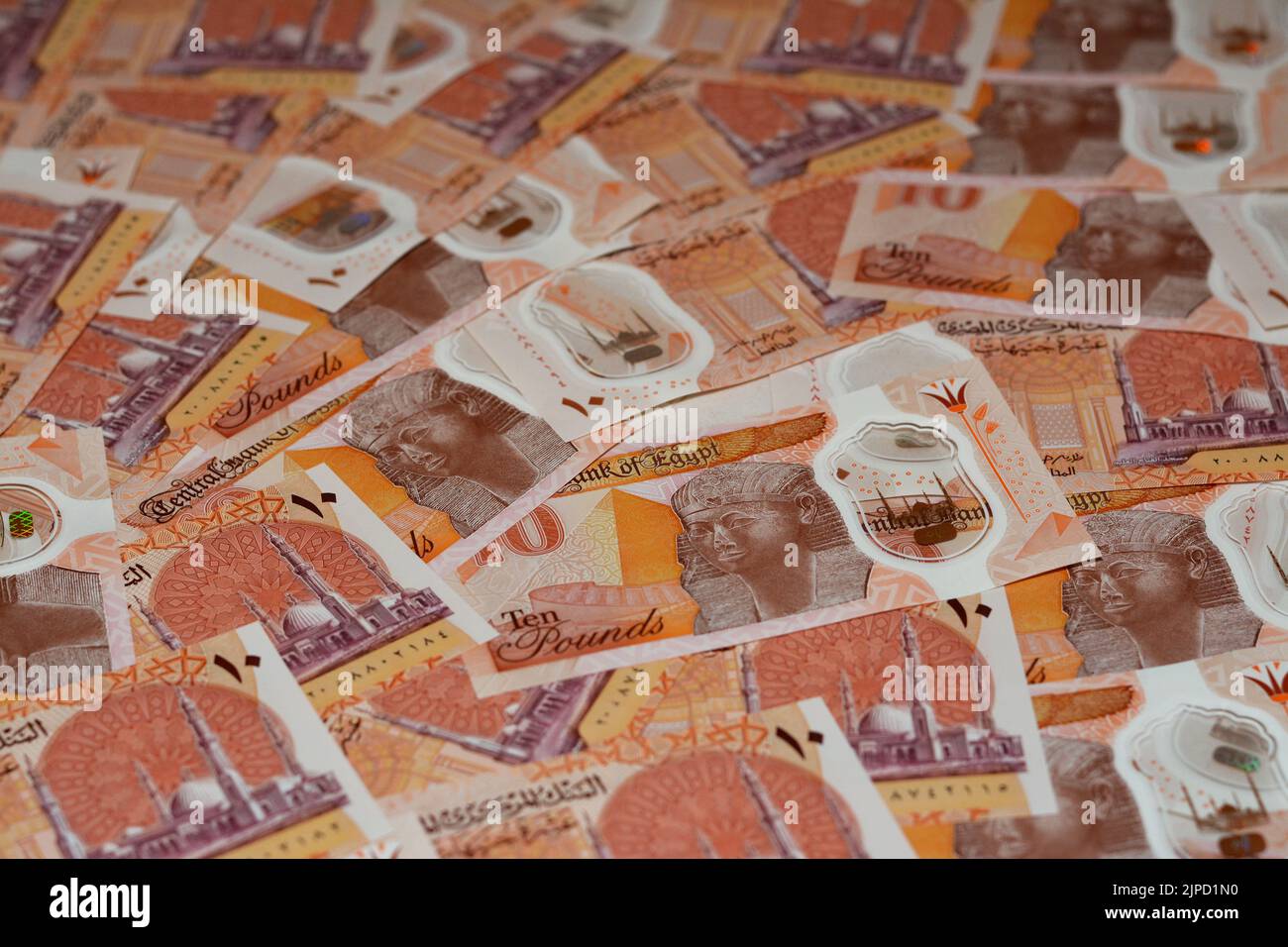 Pile of the new first Egyptian 10 LE EGP ten pounds plastic polymer ...