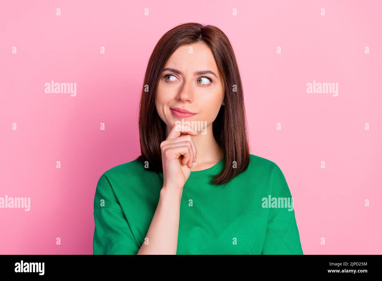 Photo portrait of nice young lady skeptical look empty space not ...