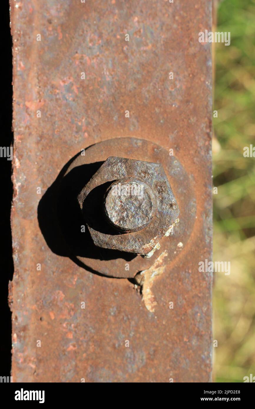 Single nut and bolt holding a steel metal plate together Stock Photo ...