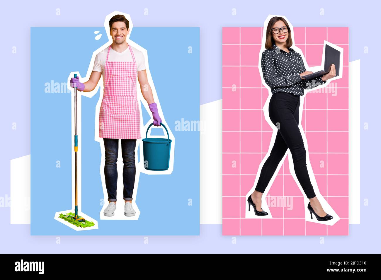 3d retro abstract creative artwork template collage of guy lady family changing family roles ...