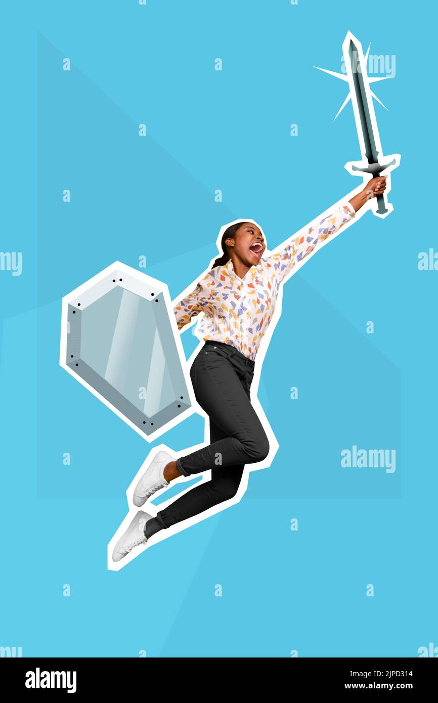 Creative retro 3d magazine image of funny funky lady jumping high ...