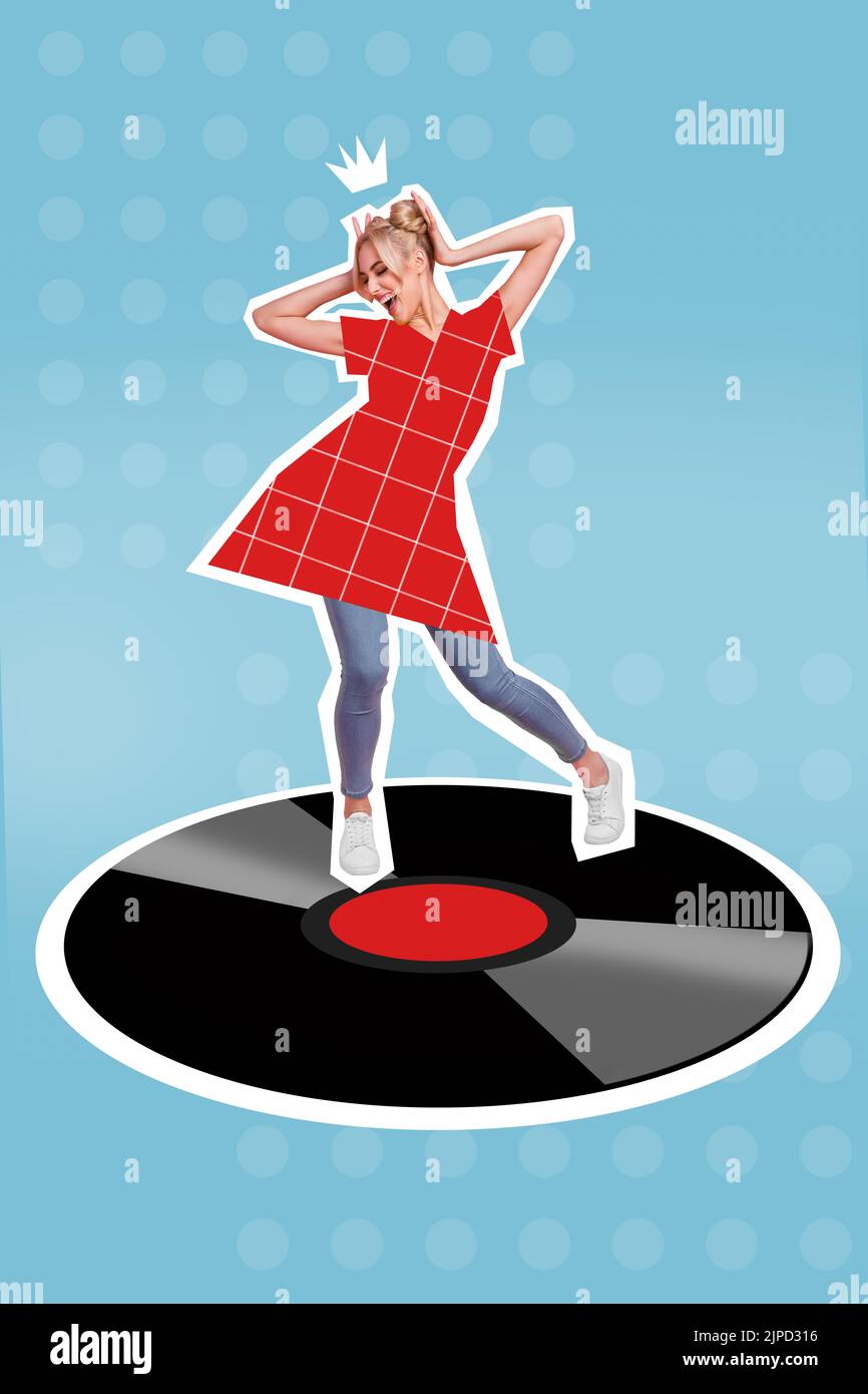 Collage artwork graphics picture of happy smiling lady best retro party ...