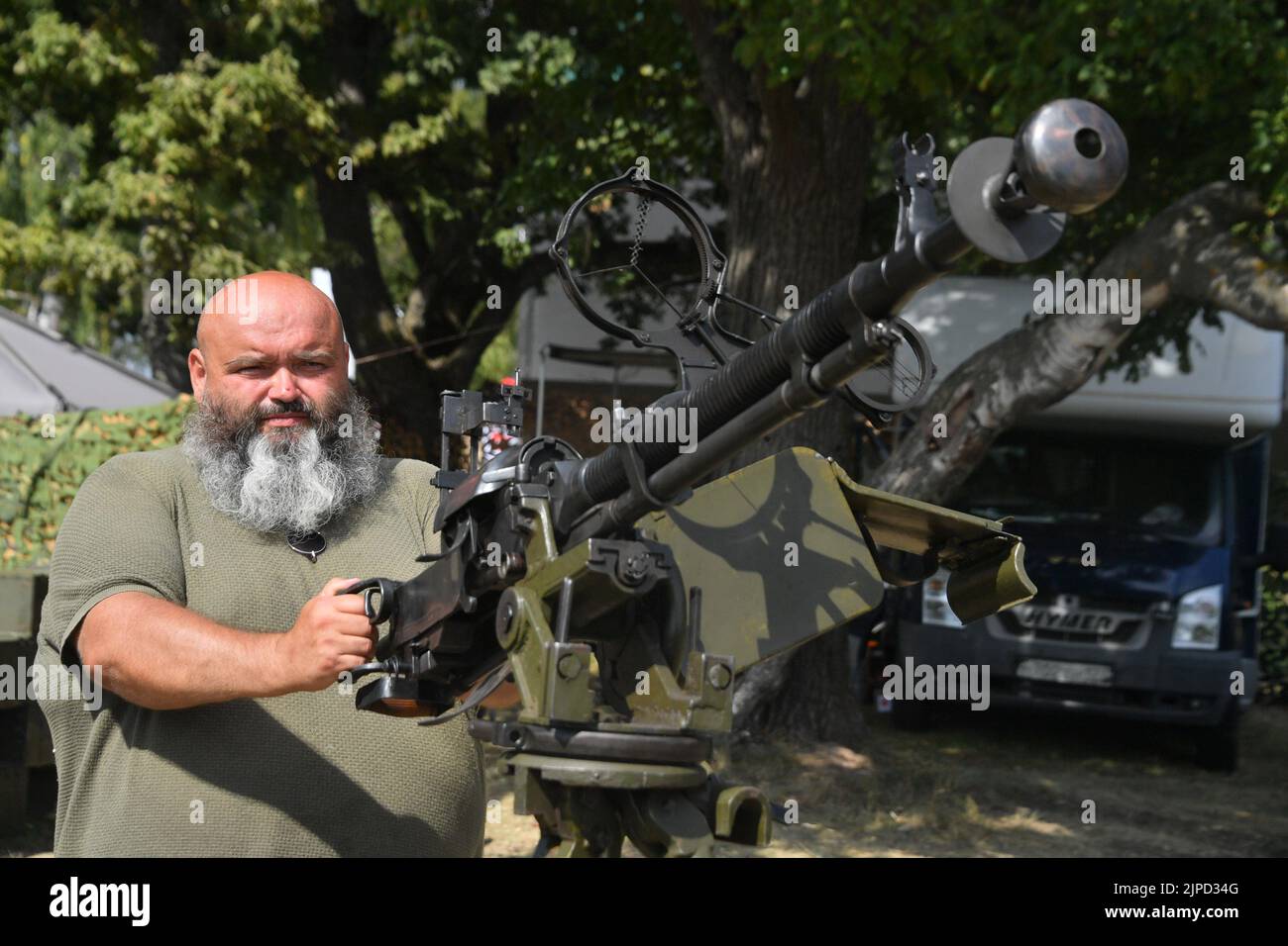 Moscow region. The man with the DSK antiaircraft machine gun at opening ...