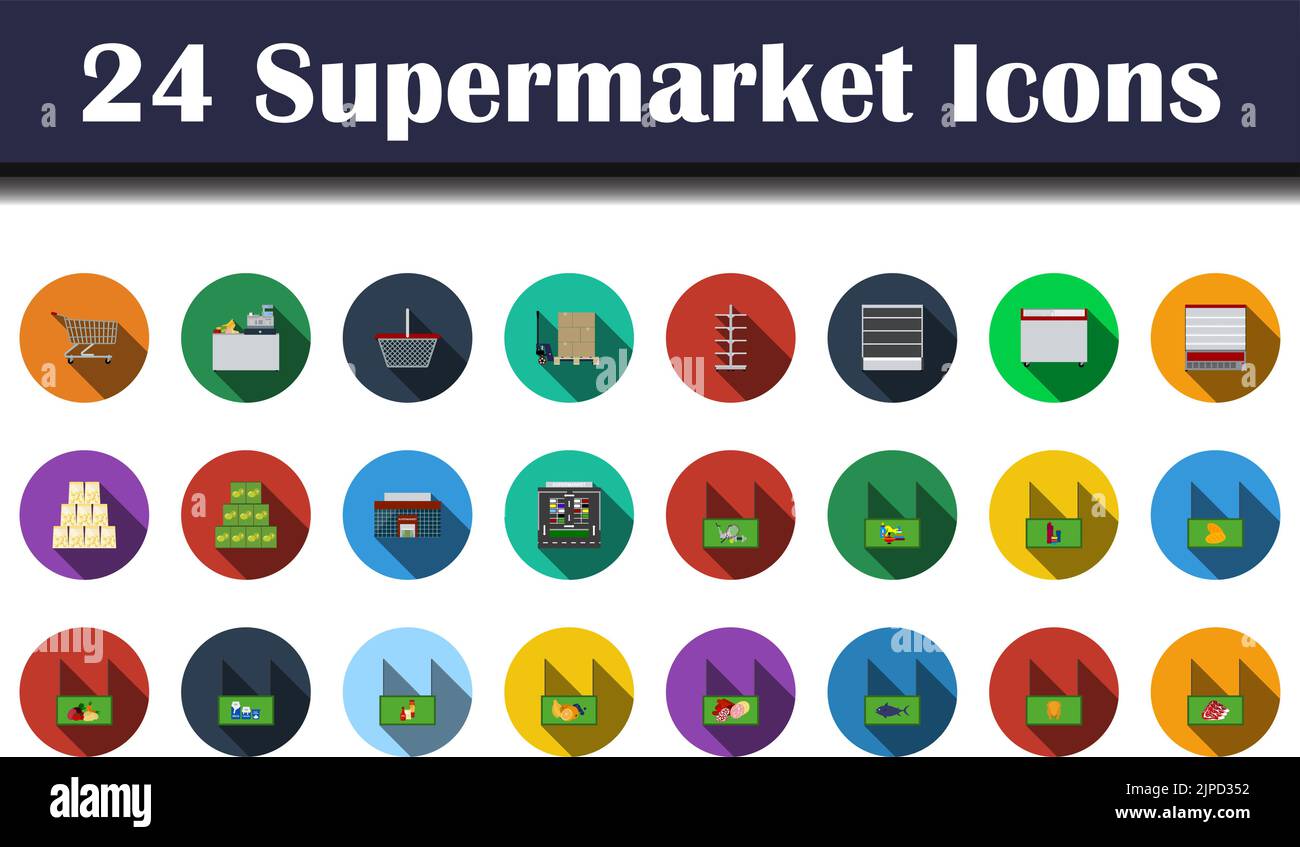Supermarket Icon Set. Flat Design With Long Shadow. Vector illustration ...
