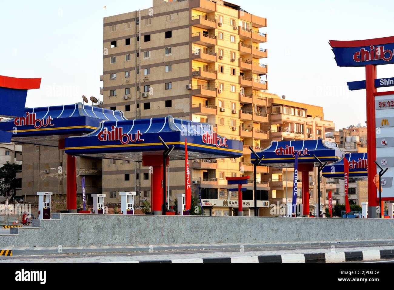 Cairo, Egypt, August 5 2022: Chillout gas and oil station, Shinzo Abe ...