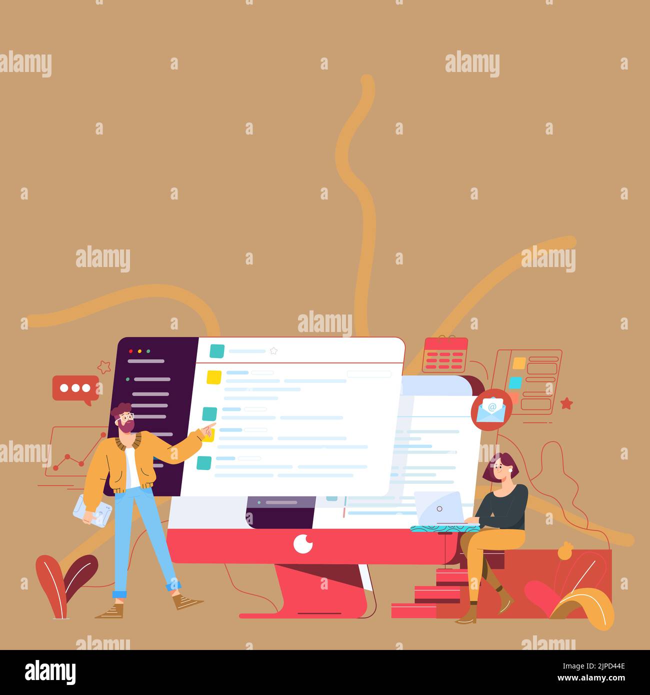Couple Drawing Using Desktop Computer. Man Pointing Monitor Screen ...
