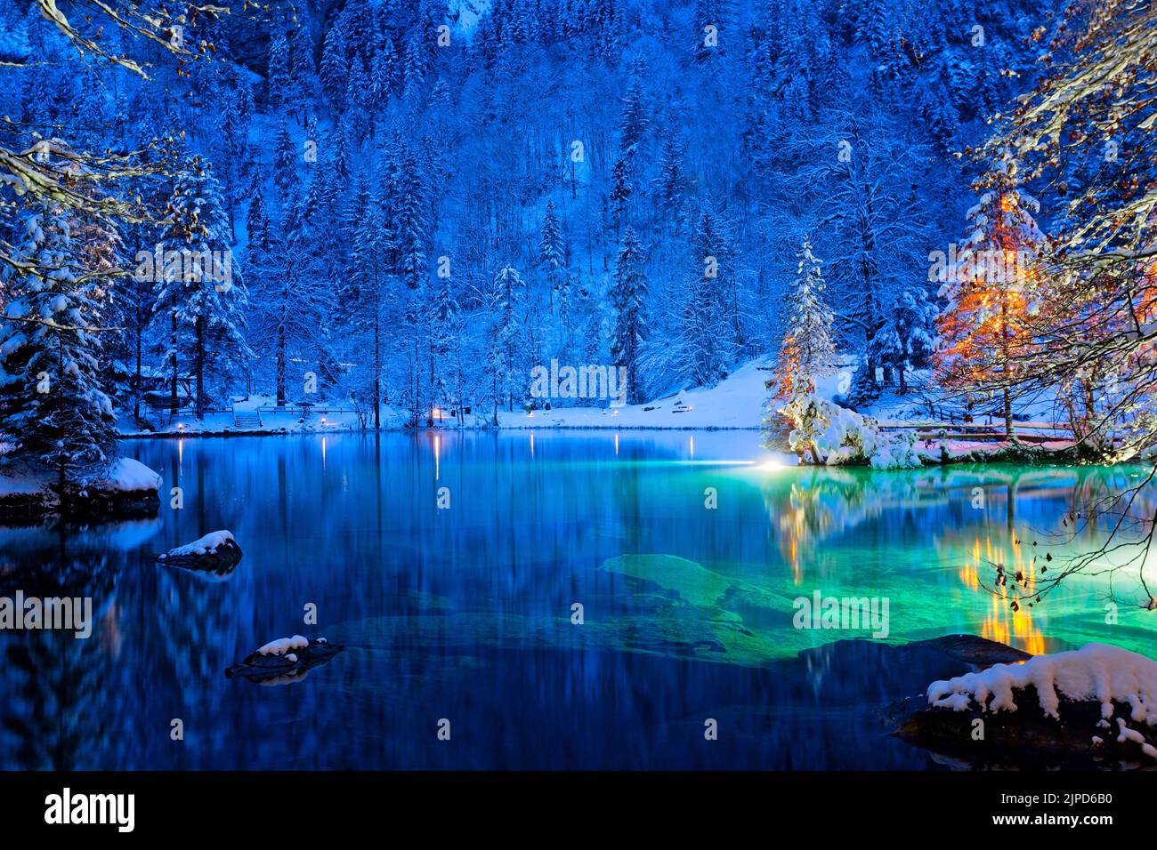 Lake Blausee in Bernese Highlands during winter, Switzerland Stock ...