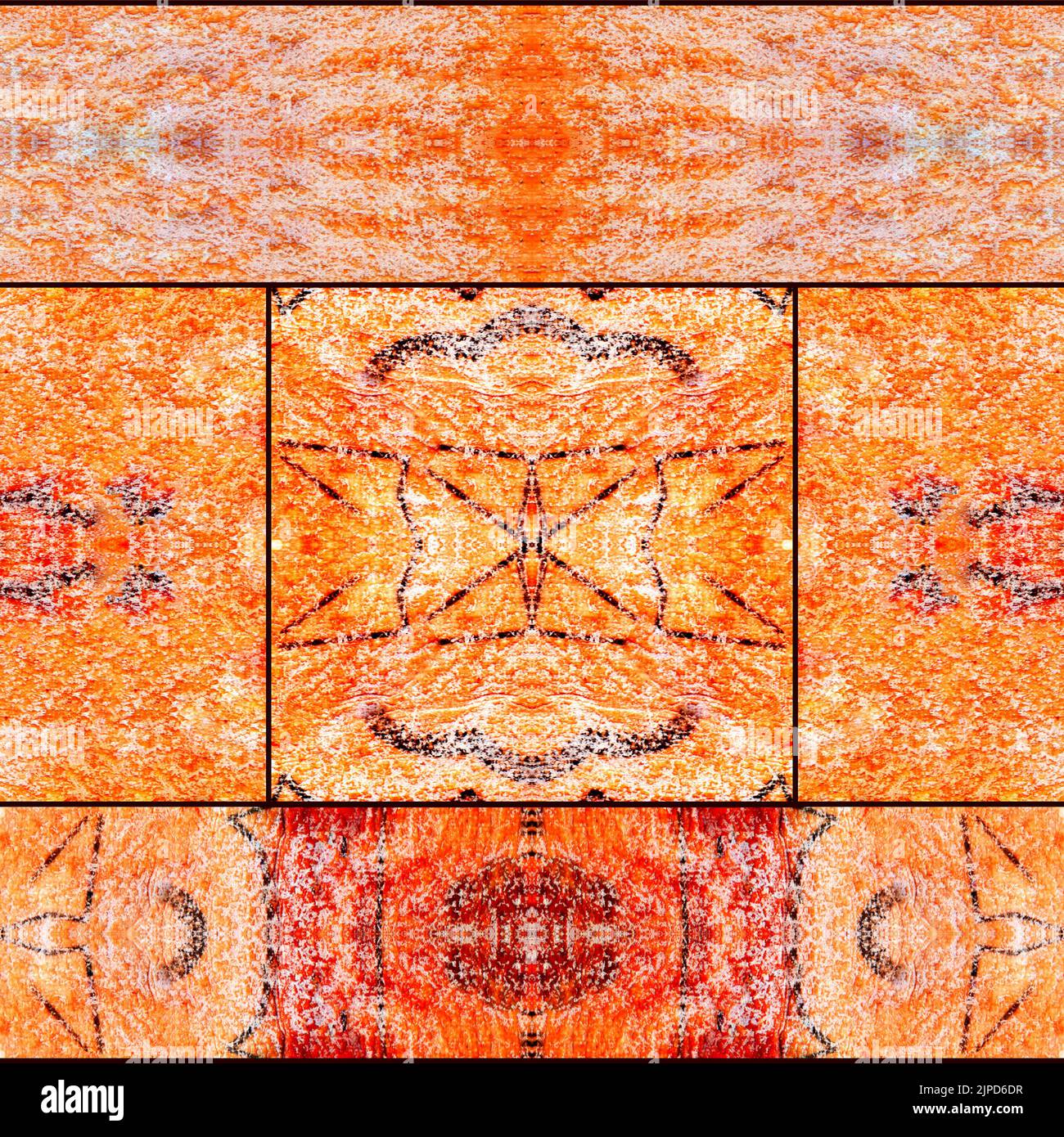 Abstract symmetrical textured composition in red color. Spots, lines ...