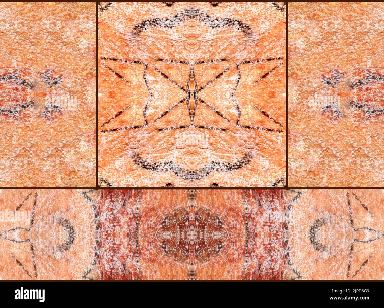 Abstract symmetrical textured composition in red color. Spots, lines ...