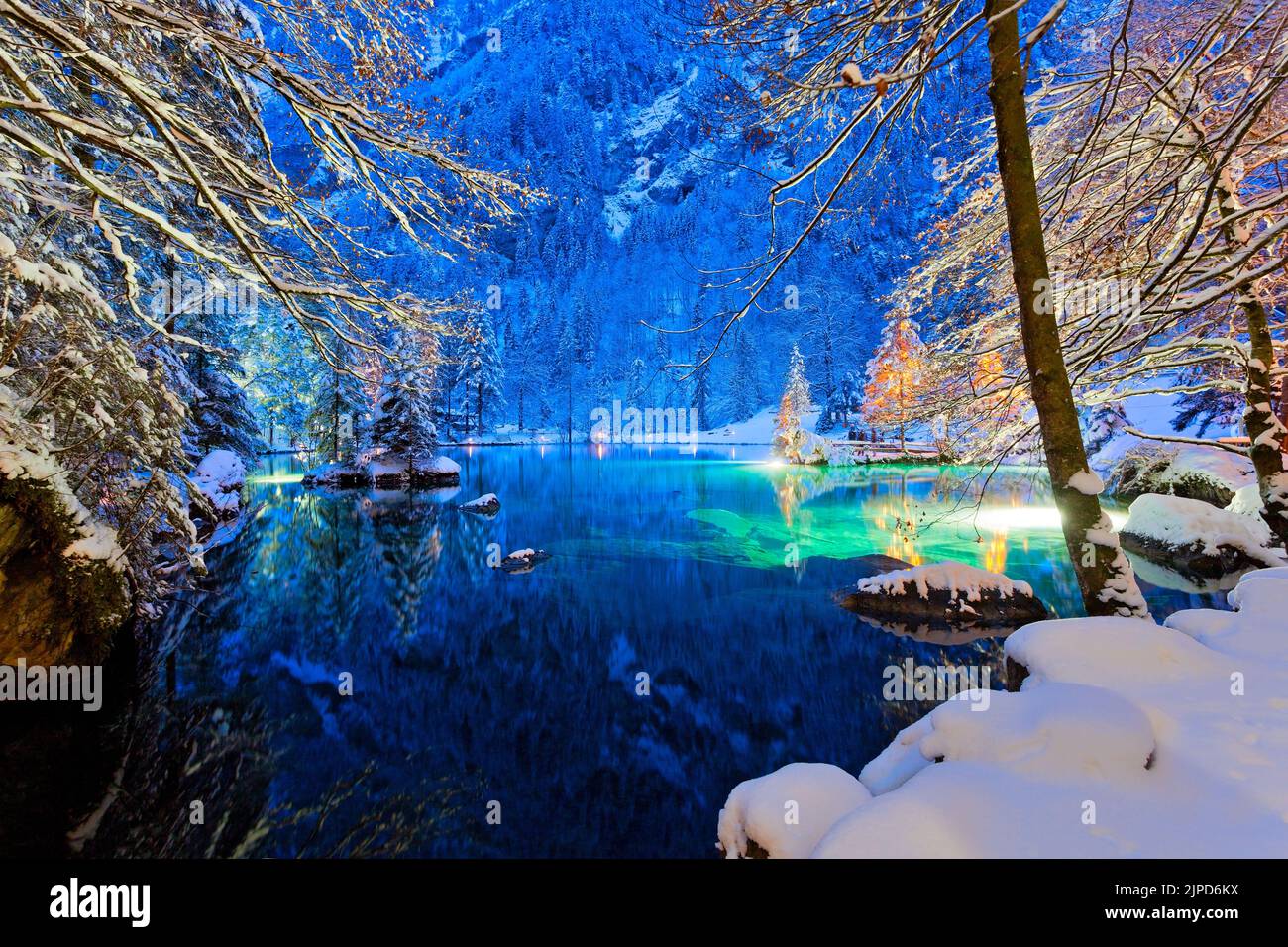 Winter fairytail, alpine lake in swiss Alps, Switzerland Stock Photo ...