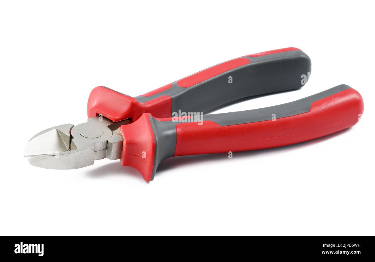 Side cutters with a plastic red-black handle on a white isolated ...