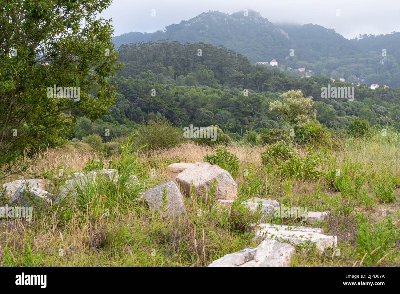 Landscape over Sintra mountain range with Pena Palace and Moorish ...